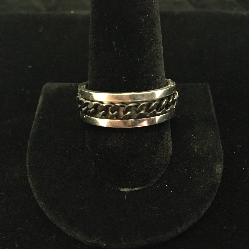 Men's Ring Spinning Revolving Black Chain Silver Band… - Gem